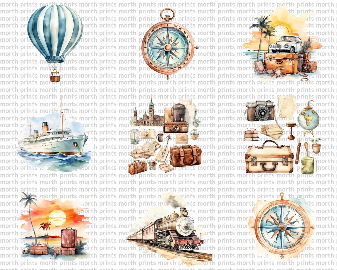 50 Watercolor Vintage Travel Clipart Suitcase, Camera, Summer, Vintage ...