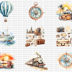 50 Watercolor Vintage Travel Clipart , Suitcase, Camera, Summer ...