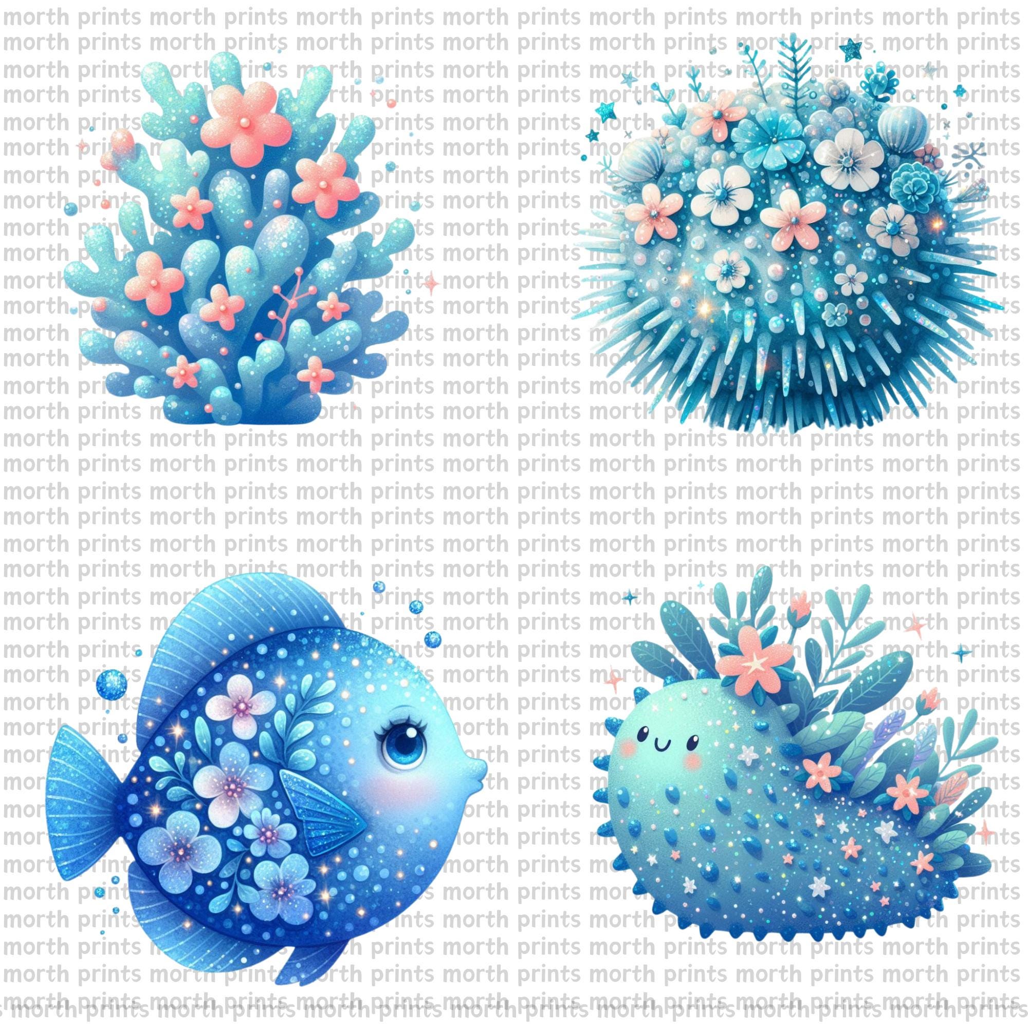 Glittery Sea Life Clipart, Cute Fish Jellyfish Octopus, Sparkly Under ...