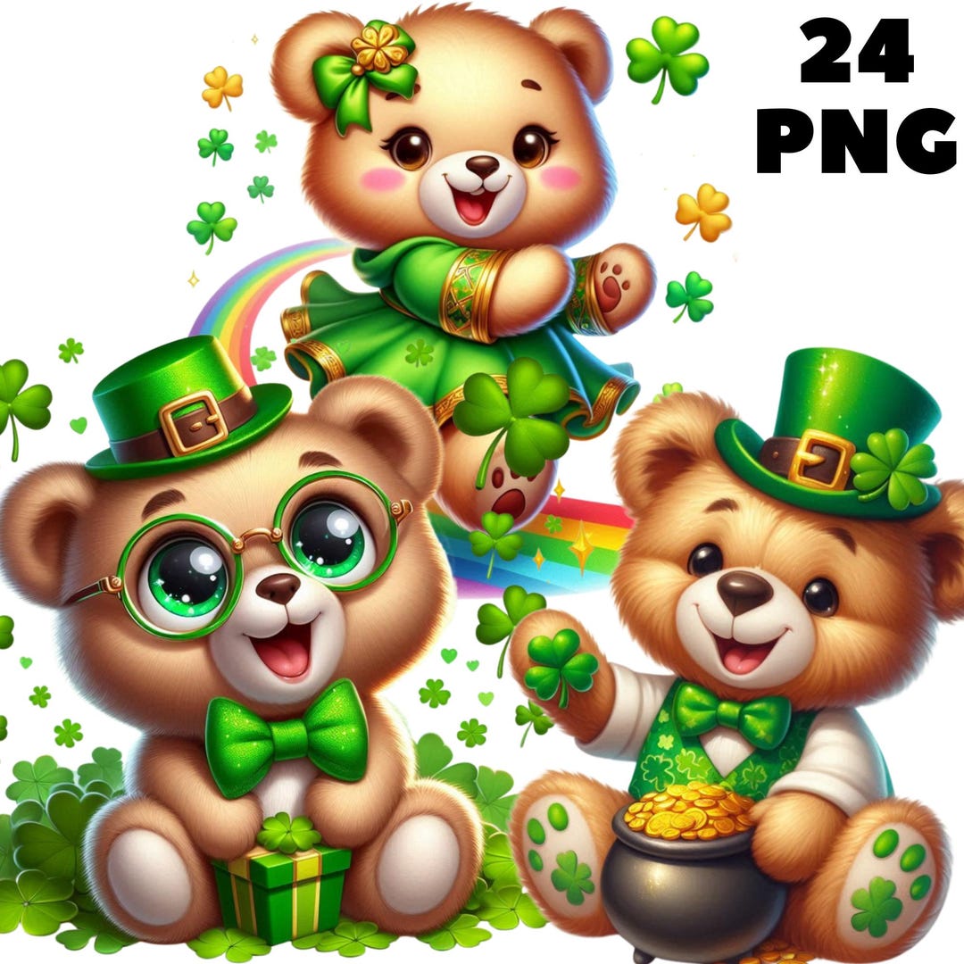 St Patrick Teddy Bear Clipart, Cute Irish Teddy PNG With Rainbow and ...