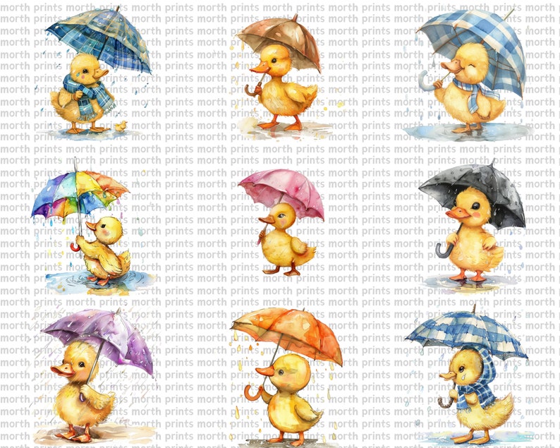 Watercolor Duckling in the Rain Clipart, Cute Ducks & Umbrellas, 55 PNG ...