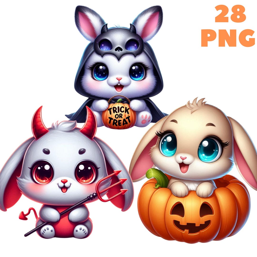 Halloween Bunny Clipart PNG, Rabbits With Pumpkins, Bats & Witch Hats ...