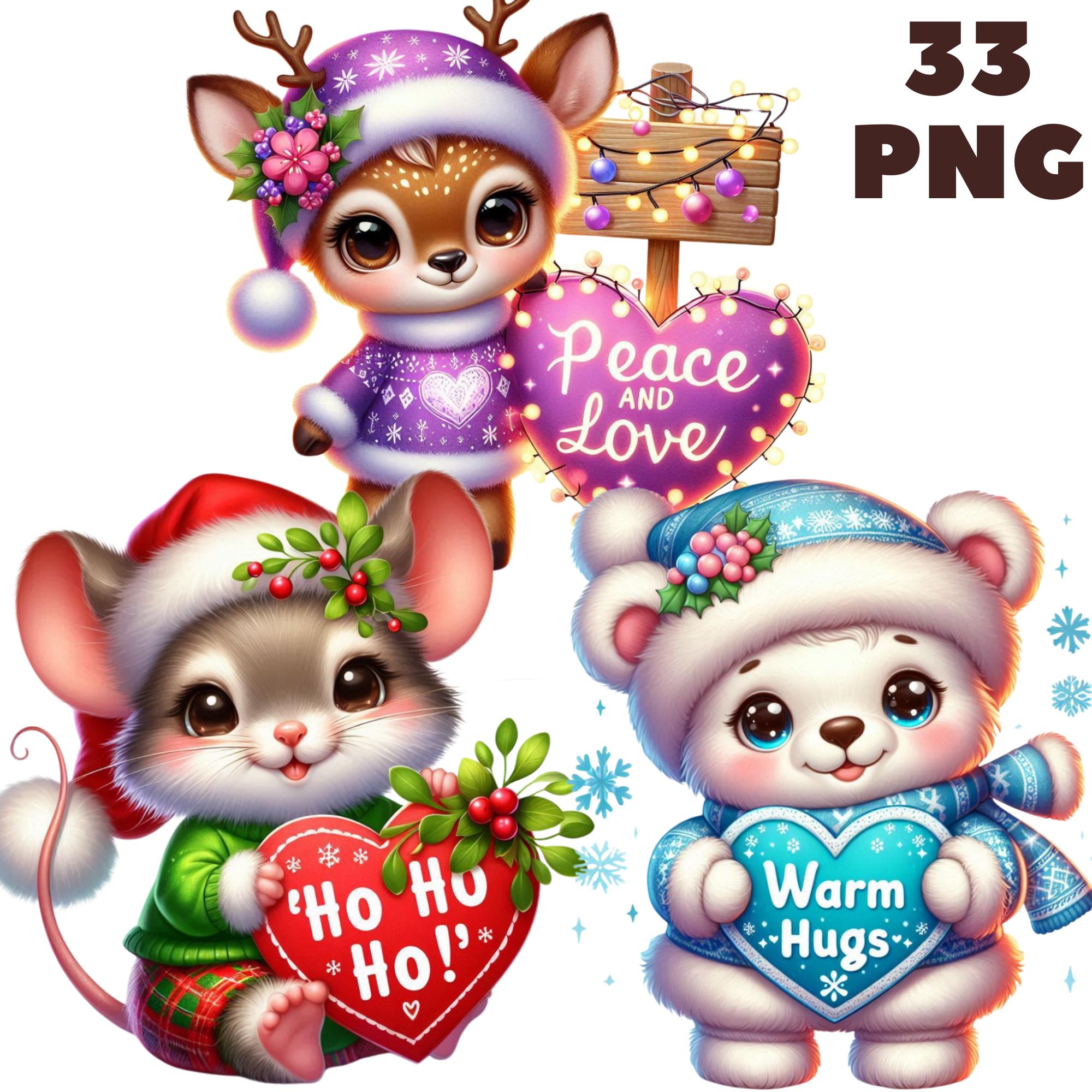 Cute Christmas Animals Clipart PNG, Baby Critters With Hats & Lights ...