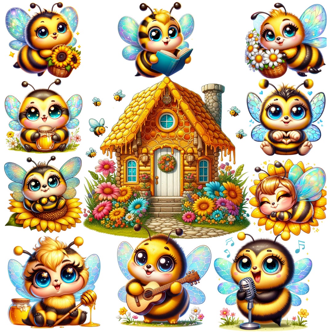 Watercolor Cute Bees Clipart PNG, Honey Bee Bundle, 25 PNG, 300 DPI ...