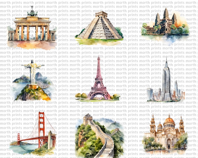 Watercolor World Landmarks Clipart PNG, Eiffel Tower Big Ben Statue of ...