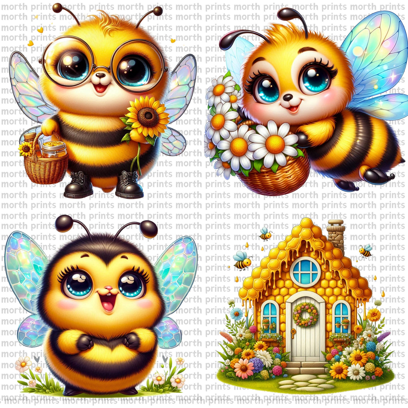 Watercolor Cute Bees Clipart PNG, Honey Bee Bundle, 25 PNG, 300 DPI ...