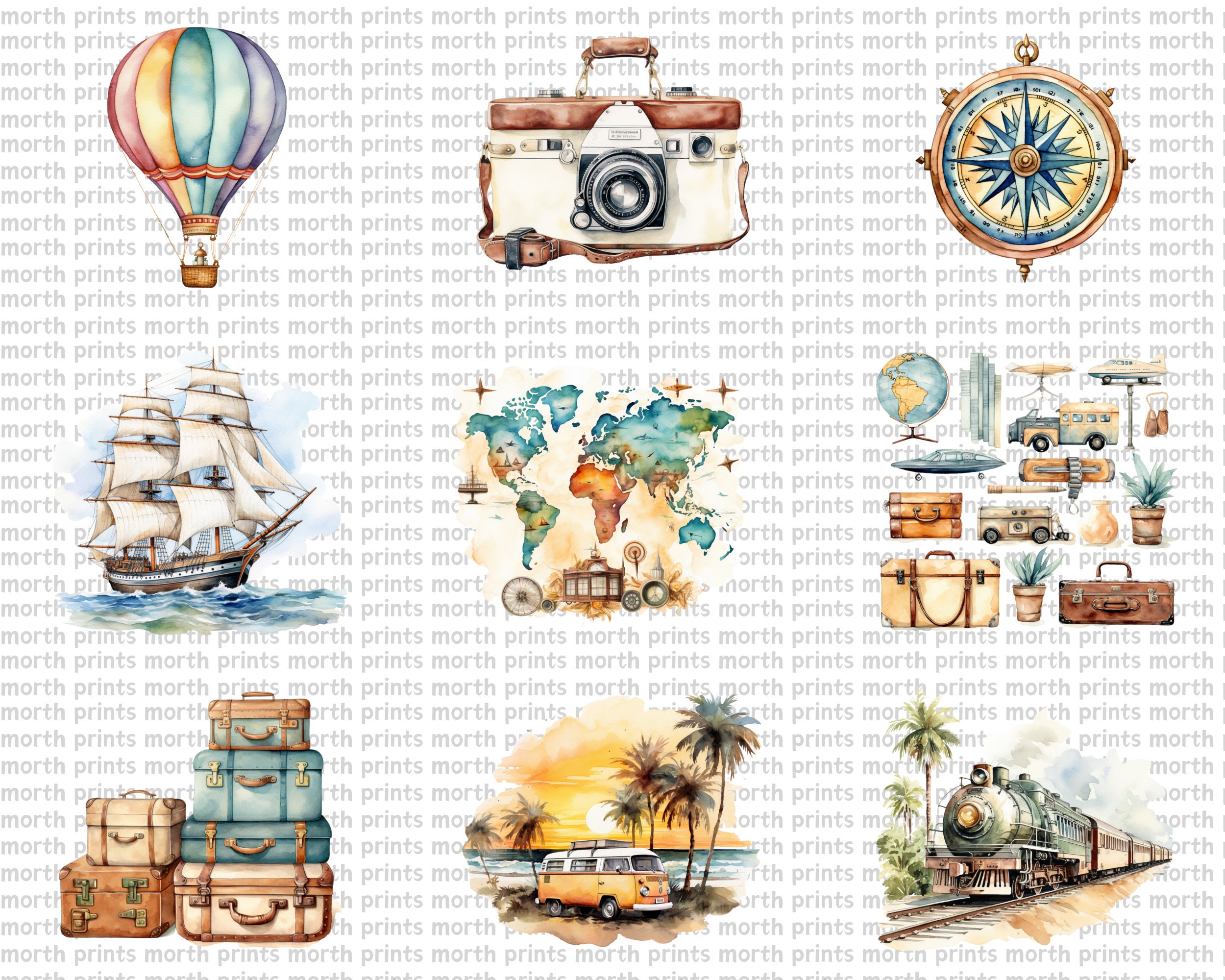 50 Watercolor Vintage Travel Clipart Suitcase, Camera, Summer, Vintage ...