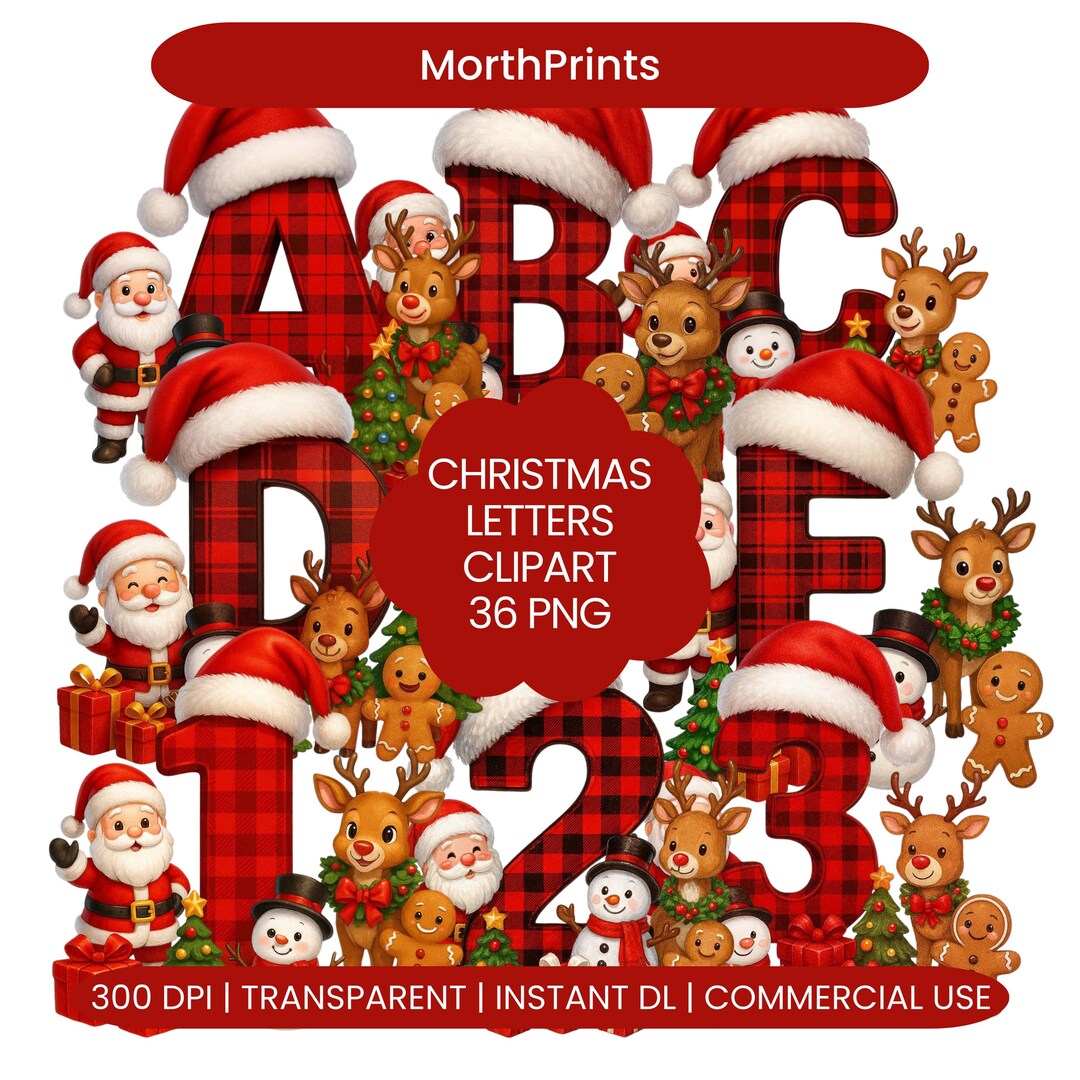 Christmas Letters Alphabet Clipart PNG, Buffalo Plaid Santa Reindeer ...