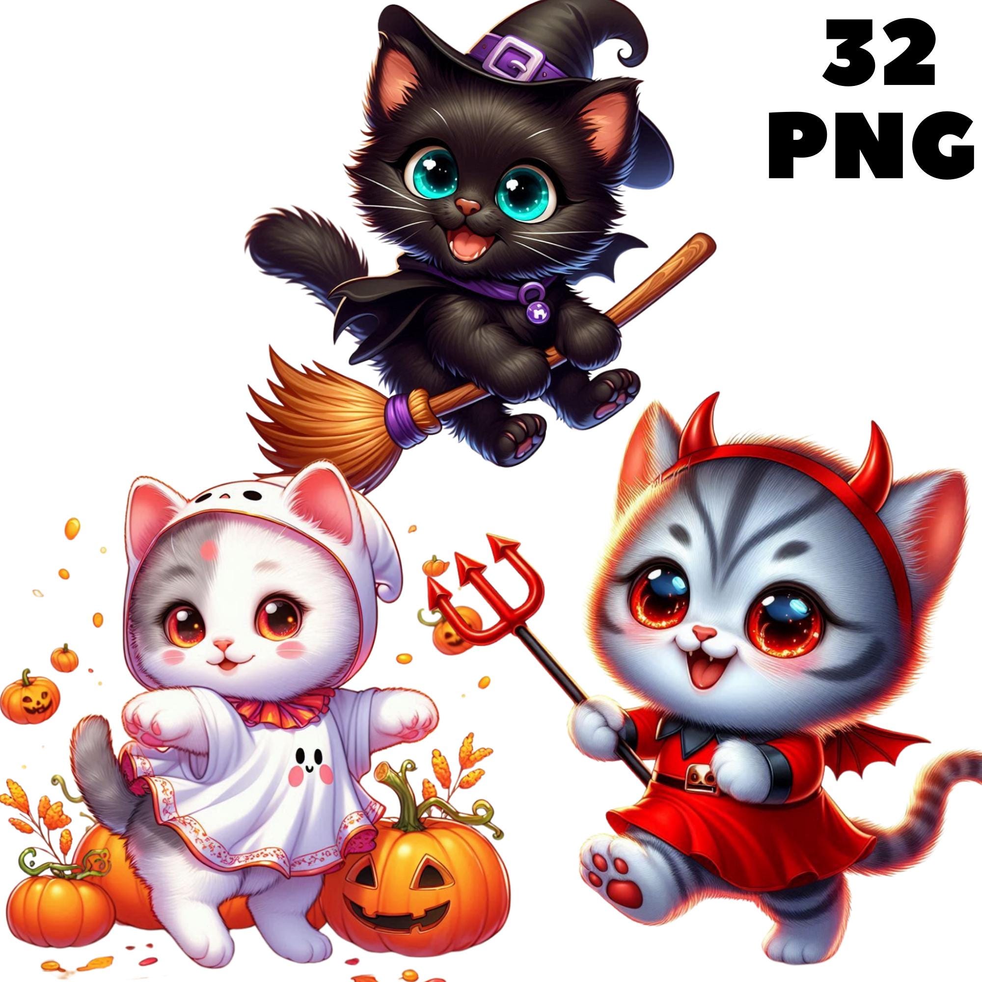 Halloween Cat Clipart PNG, Spooky Kittens With Hats, Pumpkins & Bats ...