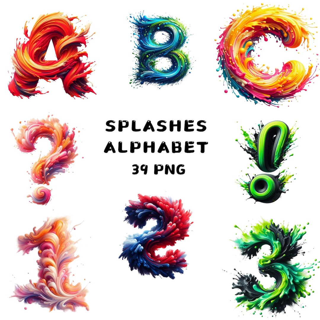 Watercolor Splashes Alphabet PNG, A–Z Letters & Numbers, Colorful Paint ...