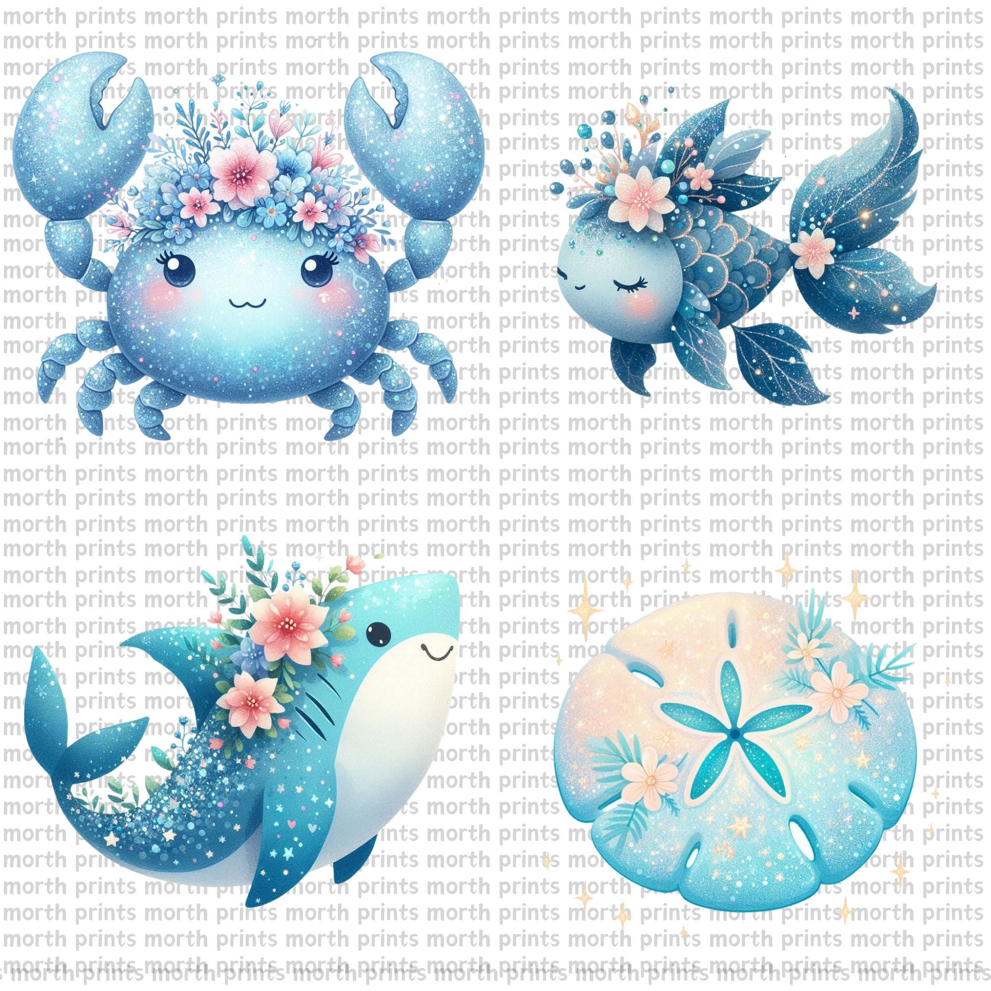 Glittery Sea Life Clipart, Cute Fish Jellyfish Octopus, Sparkly Under ...