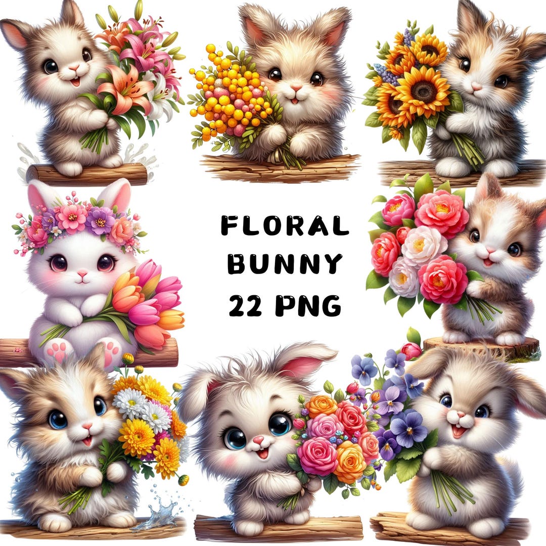Watercolor Bunnies With Flowers Clipart, Cute Bunny PNG Set, Spring ...