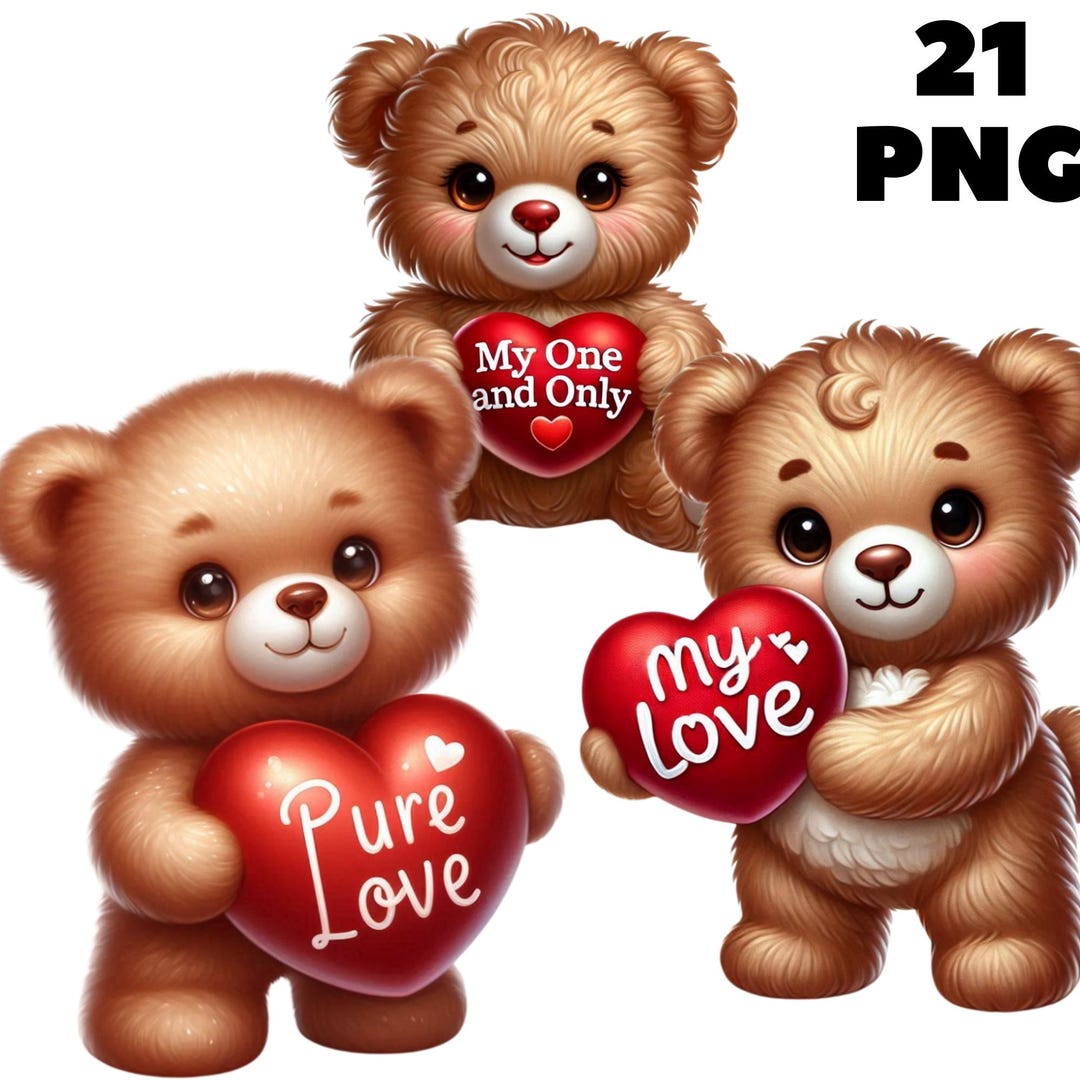 Valentines Day Bear Clipart, Teddy PNG, Heart Graphics for Cards and ...