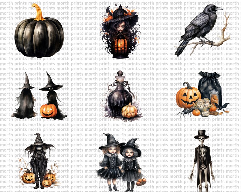 Vintage Halloween Watercolor Clipart PNG, Retro Pumpkins Ghosts Black ...