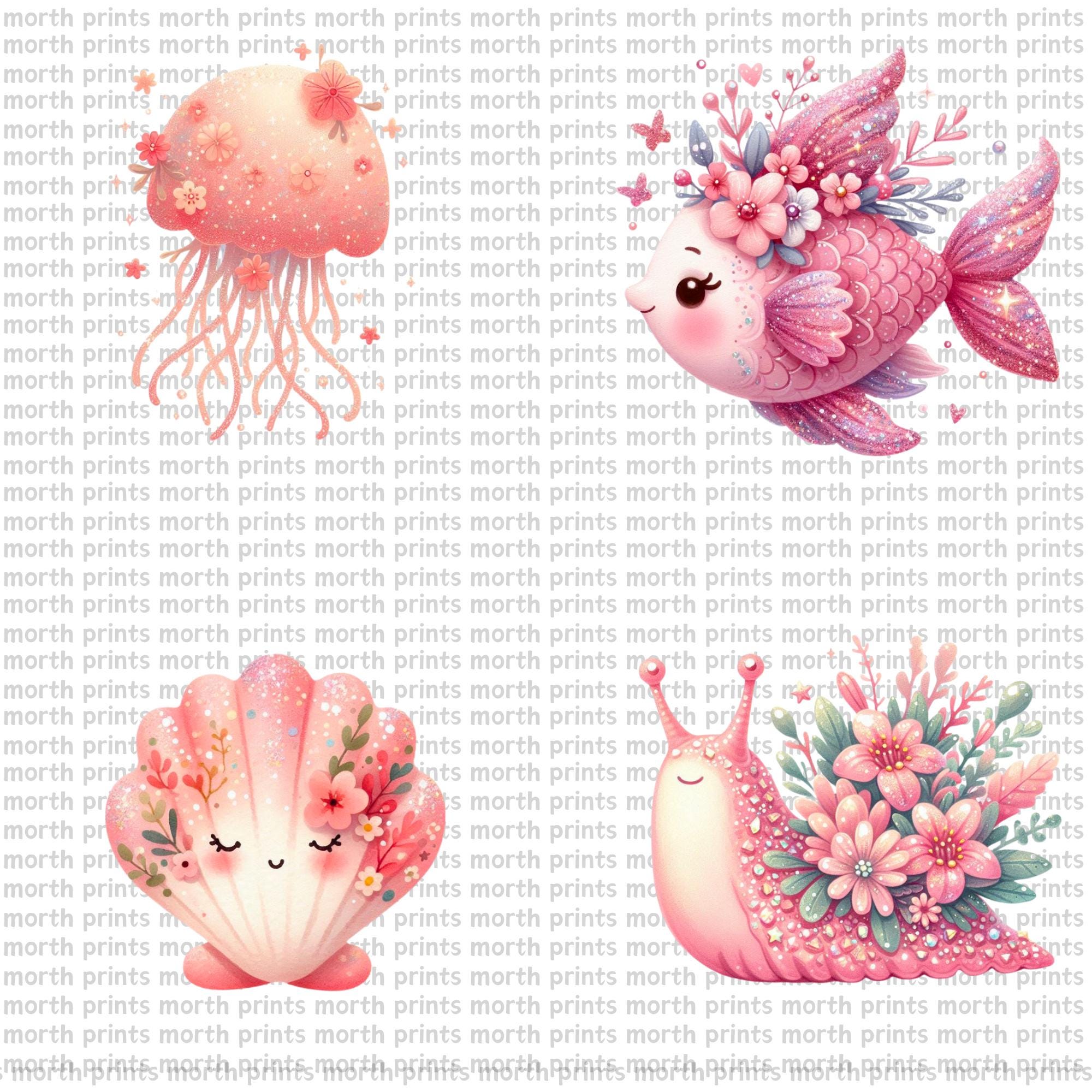 Glittery Sea Life Clipart, Sparkle Fish, Jellyfish & Octopus, 32 PNG ...