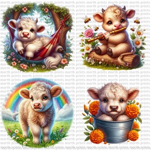 Spring Highland Cow Clipart PNG, Baby Cows With Flowers, Farm Nursery ...