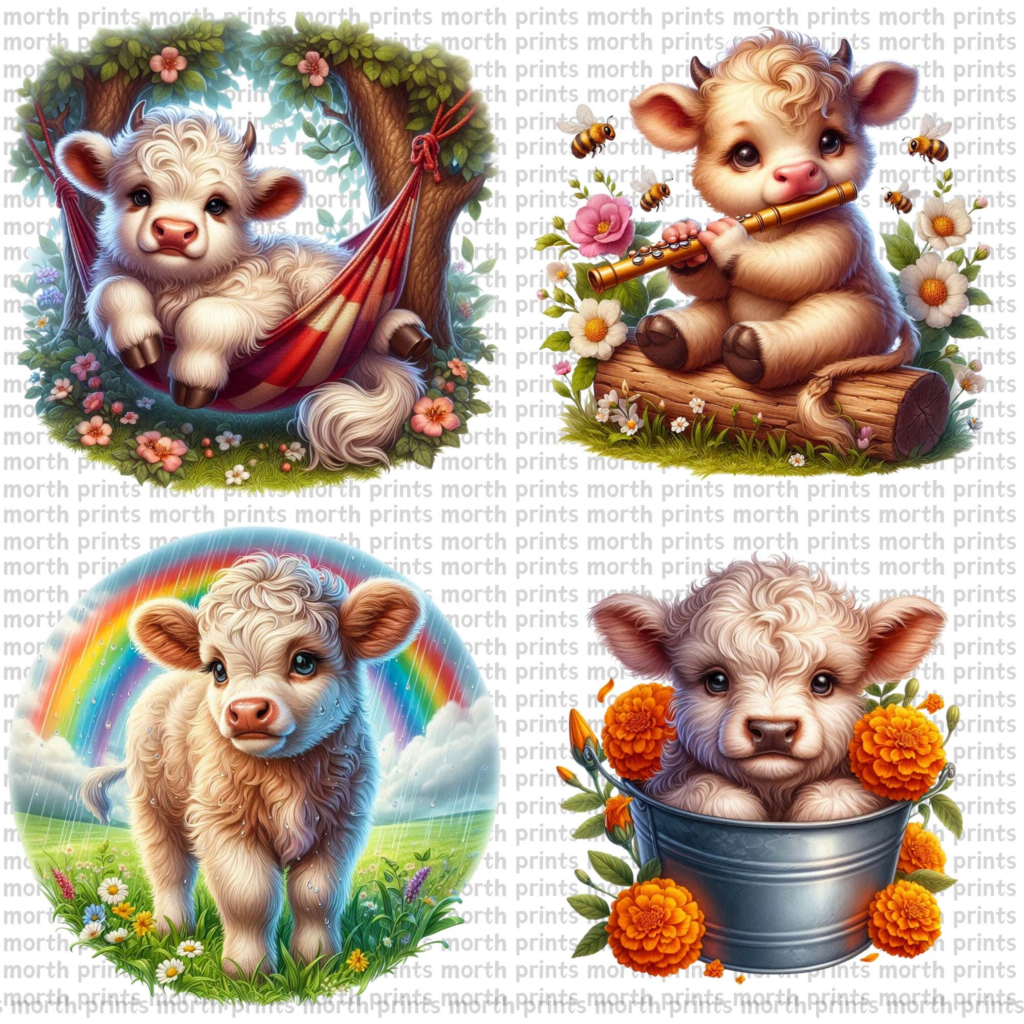 Spring Highland Cow Clipart PNG, Baby Cows With Flowers, Farm Nursery ...
