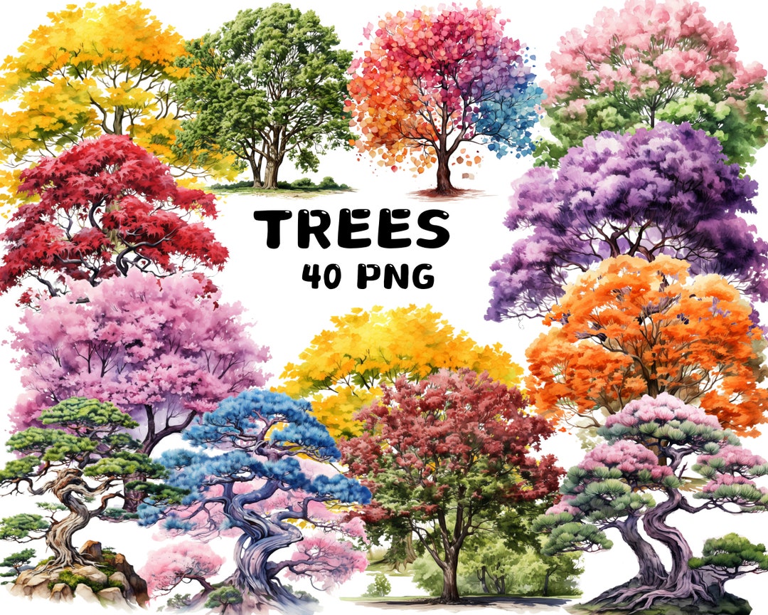 40 Watercolor Trees Clipart , Painted Colorful Tree Clipart , Tree ...