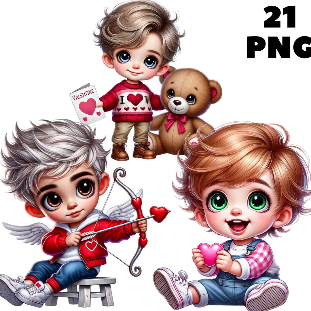 Valentines Day Boys Clipart, Cute Kids With Hearts PNG, Chibi Style ...