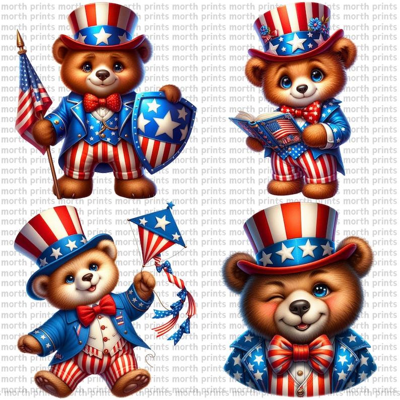 Patriotic Bear Clipart PNG Bundle, USA 4th of July Bears With Flags ...