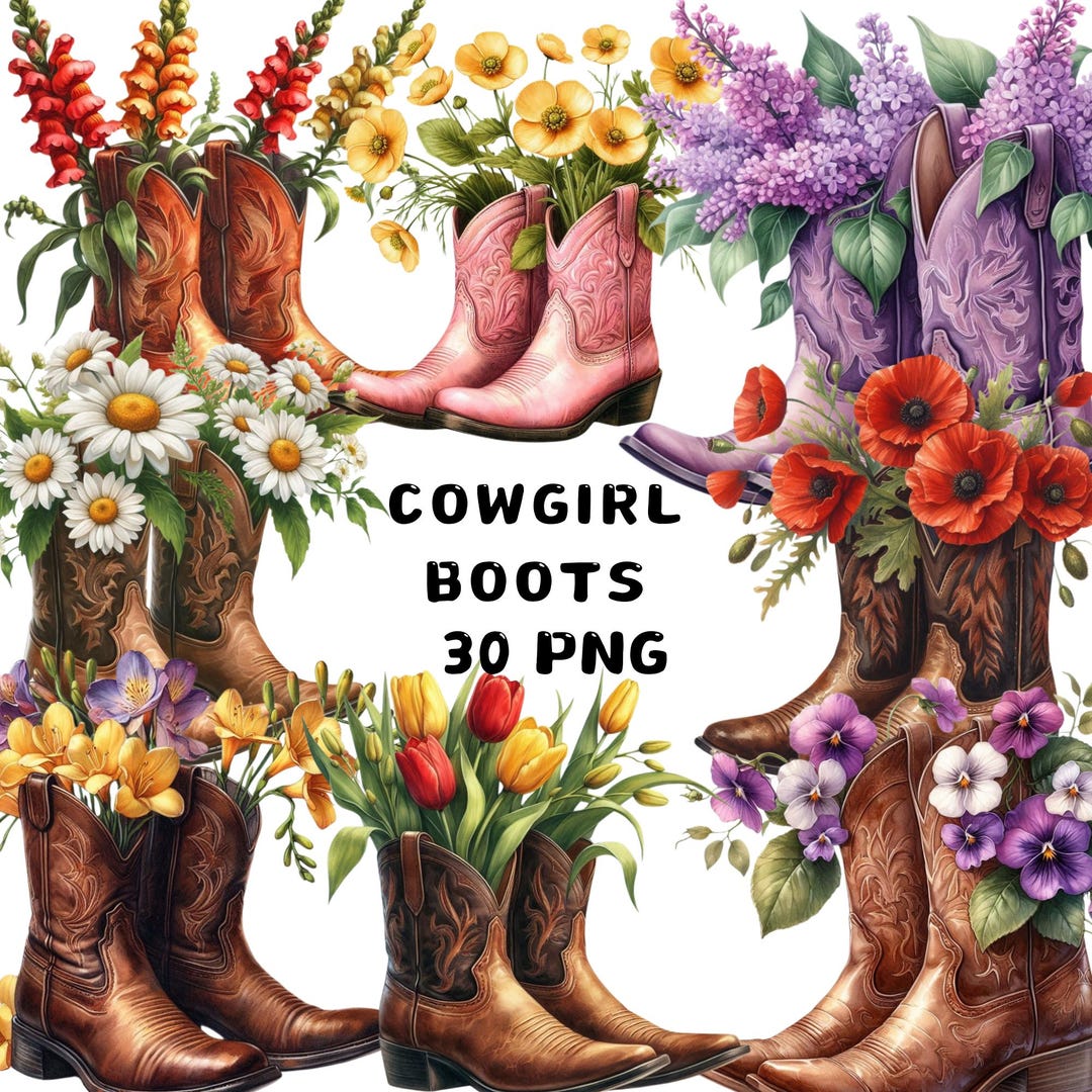 Cowgirl Boots Clipart, Watercolor Floral Western Boots, Boho Country ...