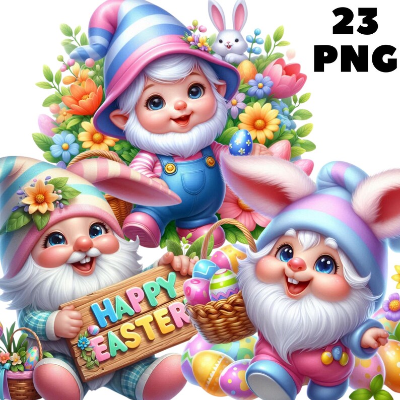 Spring Gnome Clipart, Watercolor Flowers, Cute Easter Decor, Bunny and ...