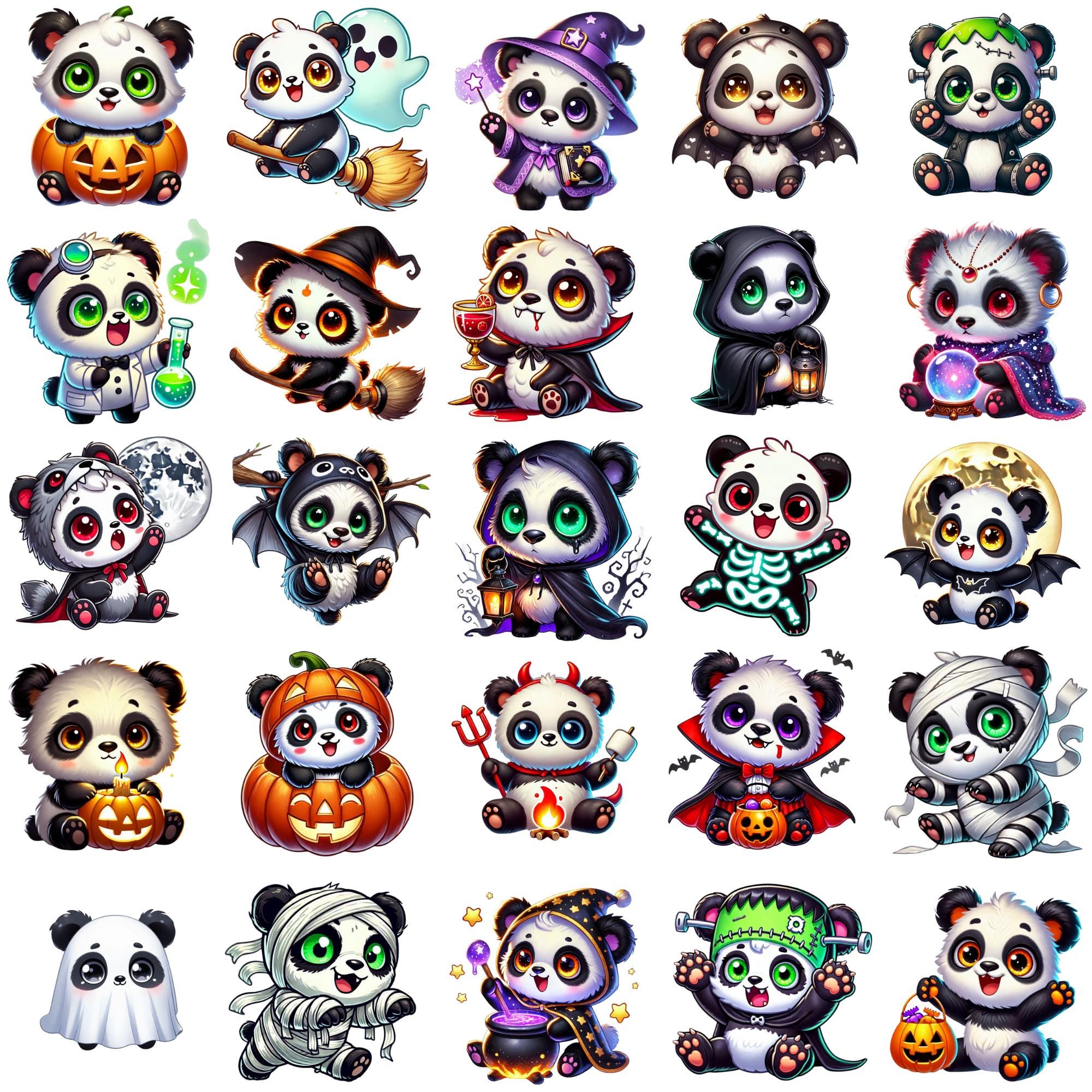 Halloween Panda Clipart, Cute Spooky Pandas PNG Bundle, Ghosts Pumpkins ...