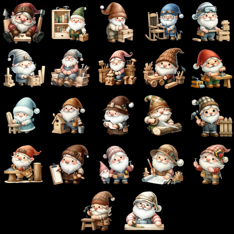 Carpenter Gnome Clipart Bundle, Woodworker PNG, Tool Shop Stickers for ...