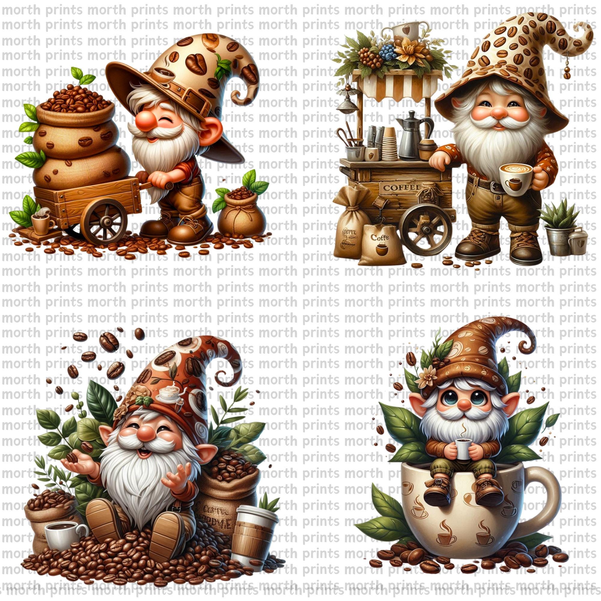 Coffee Gnome Clipart PNG Bundle, Barista Gnomes With Cups & Beans, 33 ...