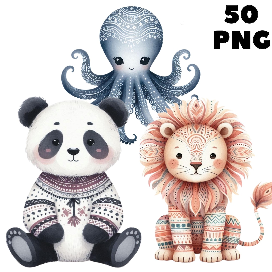 Boho Animals Clipart PNG, Safari & Woodland Baby Bundle, 50 PNG ...