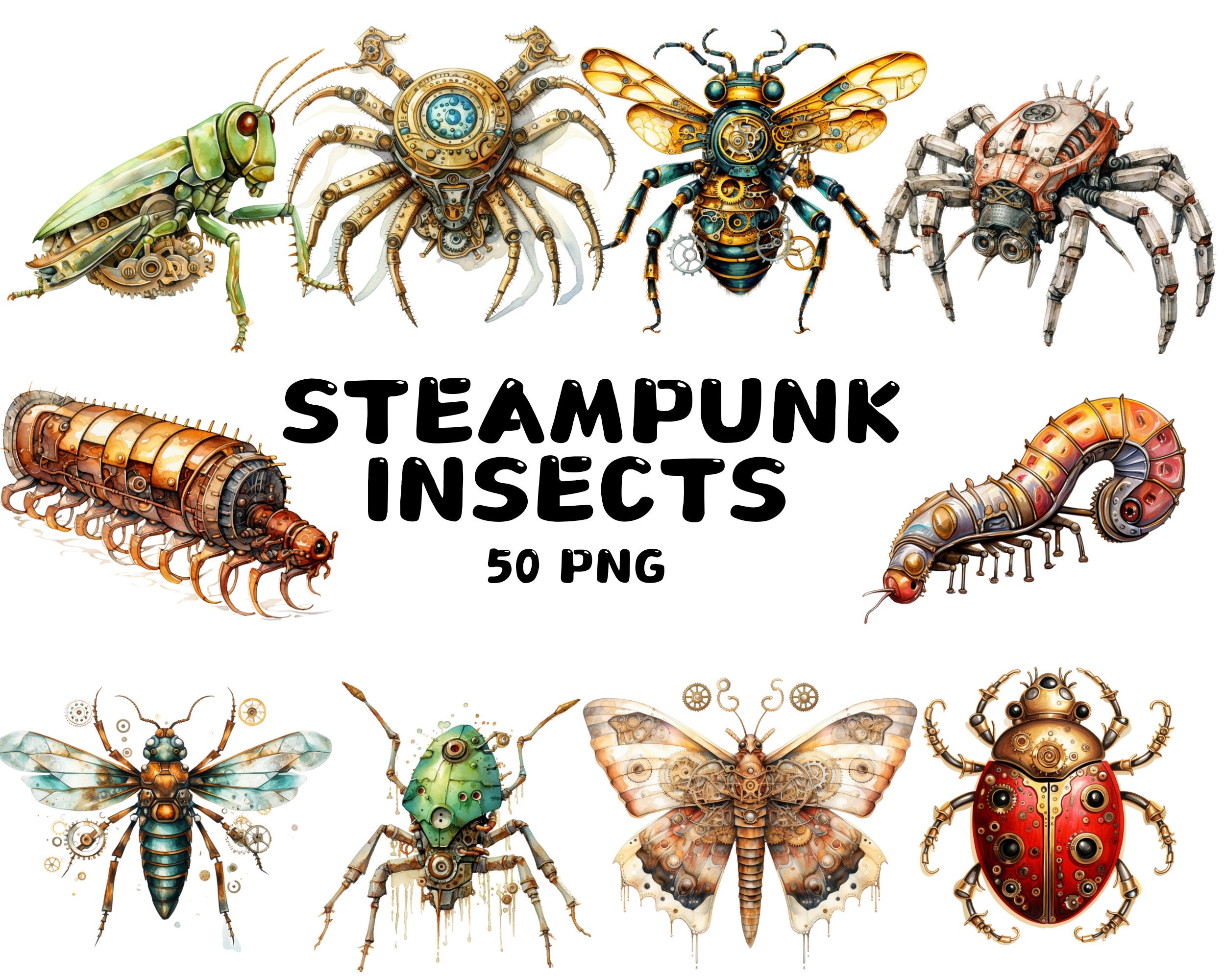 50 Watercolor Steampunk Insects Clipart Caterpillar, Butterfly ...