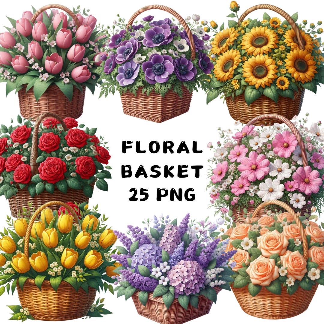 Watercolor Flower Basket Clipart, Rustic Floral Arrangements, Farmhouse ...