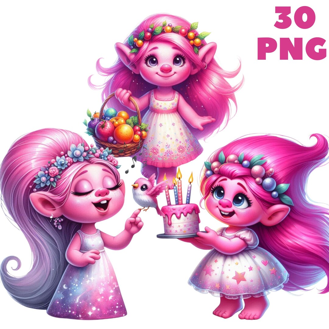 Pink Troll Clipart PNG, Cute Fantasy Trolls With Hearts & Flowers, 30 ...
