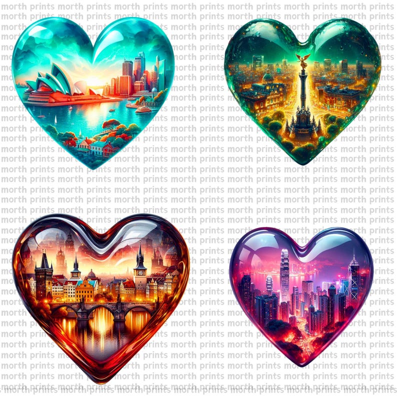 Landmarks in Hearts Clipart PNG, Eiffel Tower, Taj Mahal, Statue of ...