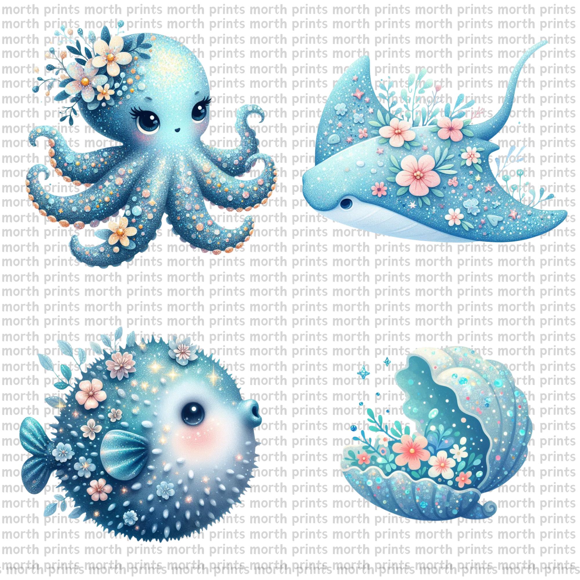 Glittery Sea Life Clipart, Cute Fish Jellyfish Octopus, Sparkly Under ...