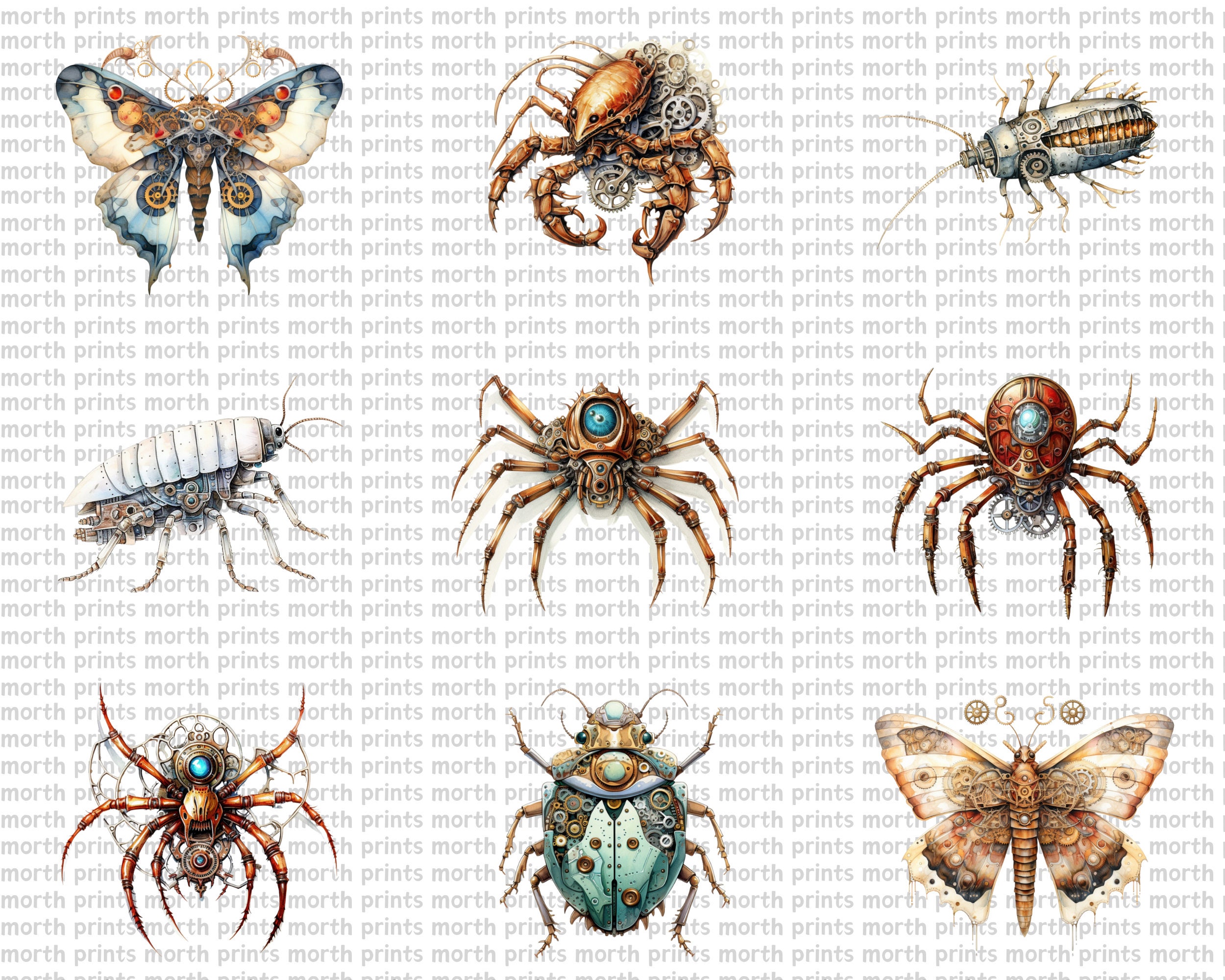 50 Watercolor Steampunk Insects Clipart Caterpillar, Butterfly ...