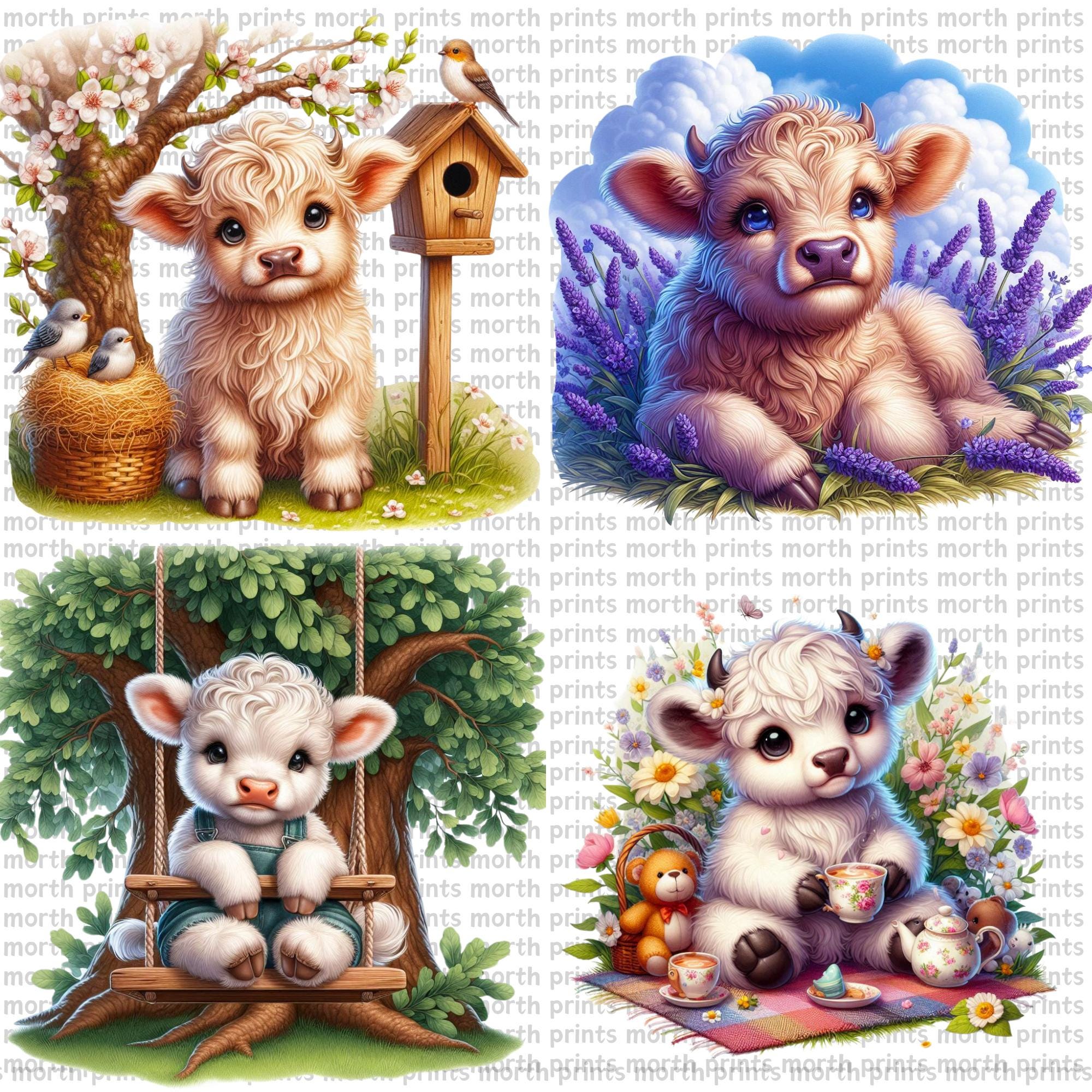 Spring Highland Cow Clipart PNG, Baby Cows With Flowers, Farm Nursery ...