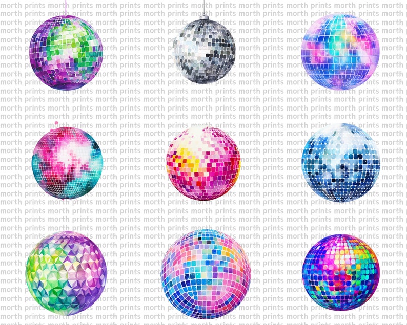 90 Watercolor Disco Balls Clipart Retro, Red, Blue, Gold, Silver ...