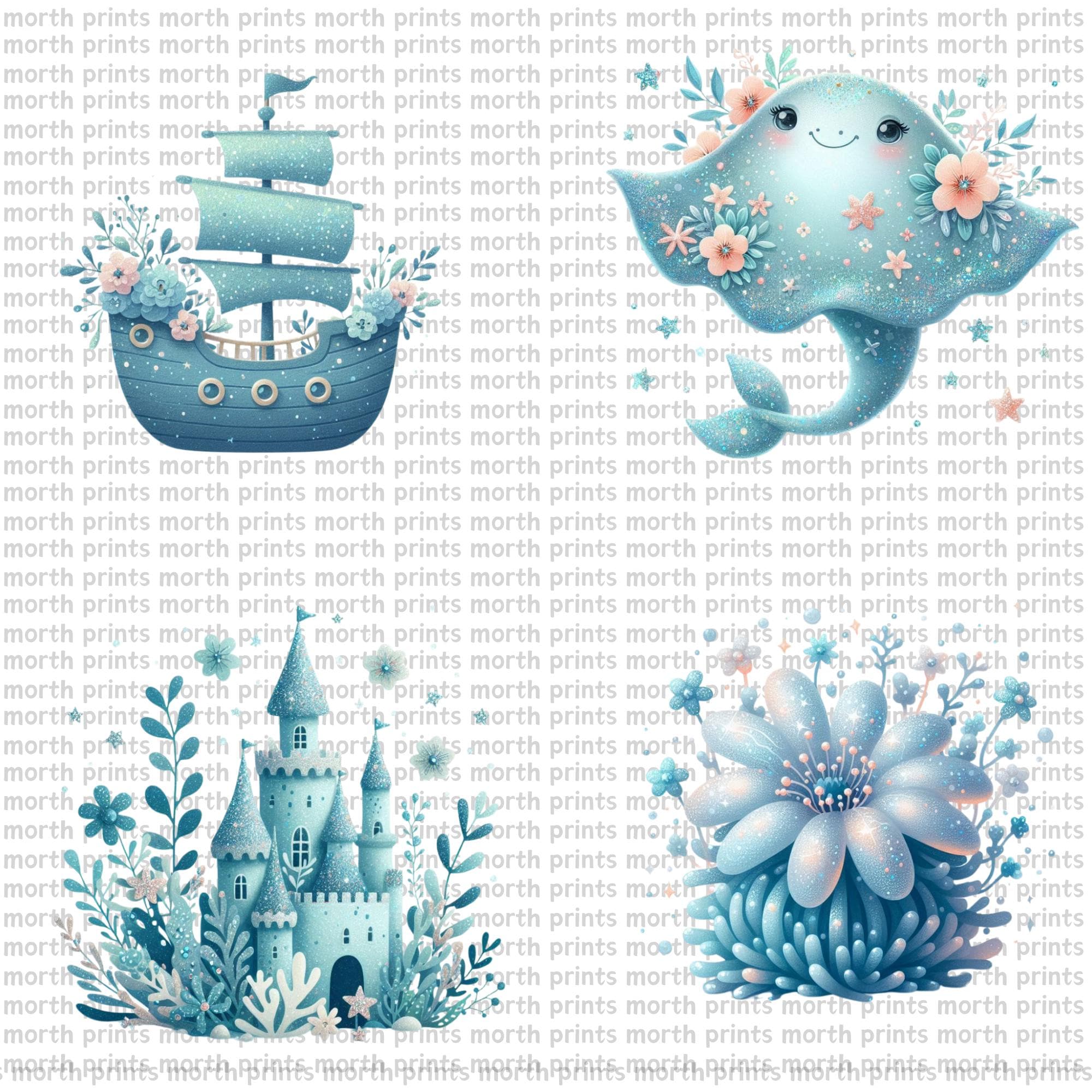 Glittery Sea Life Clipart, Cute Fish Jellyfish Octopus, Sparkly Under ...
