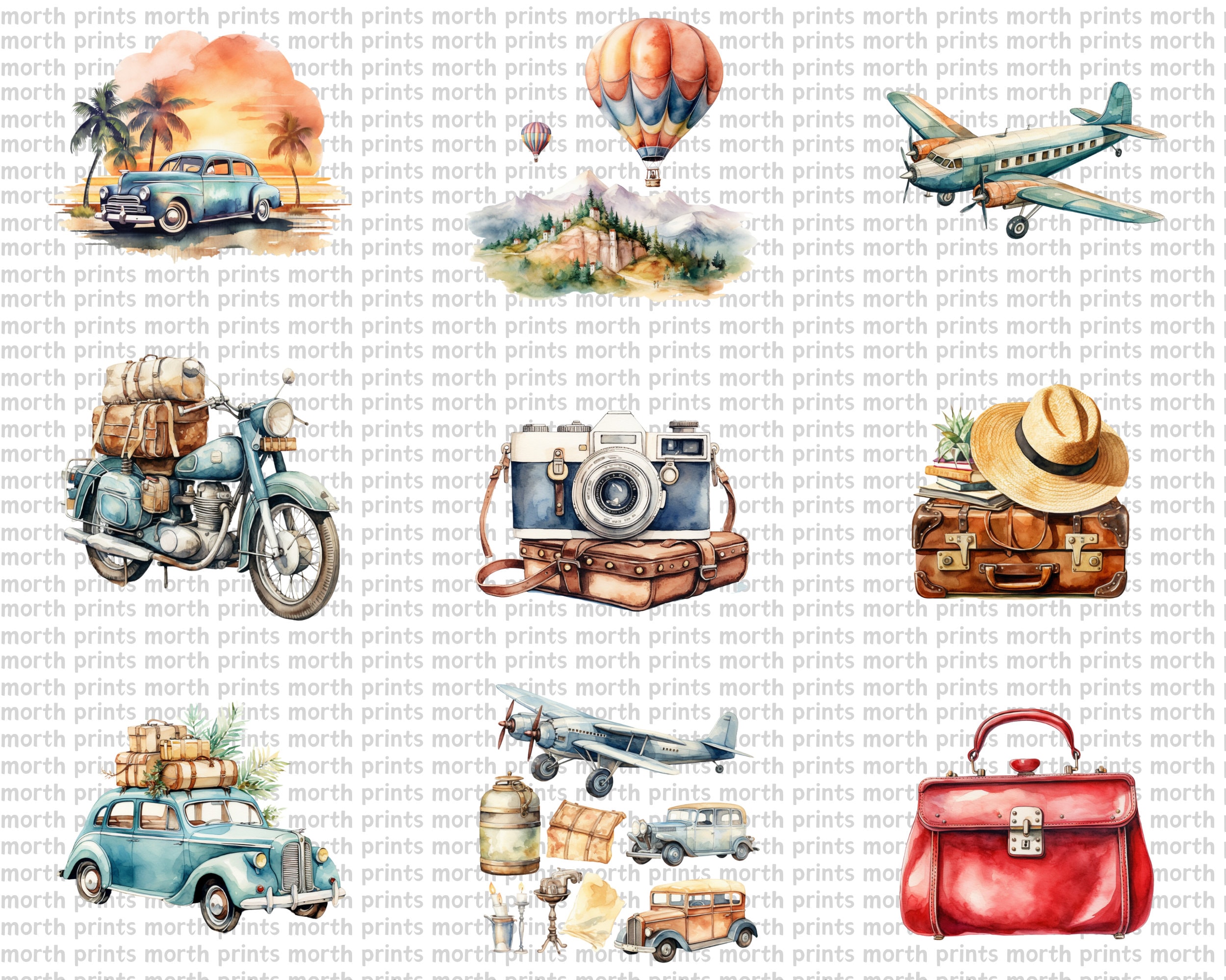 50 Watercolor Vintage Travel Clipart Suitcase, Camera, Summer, Vintage ...