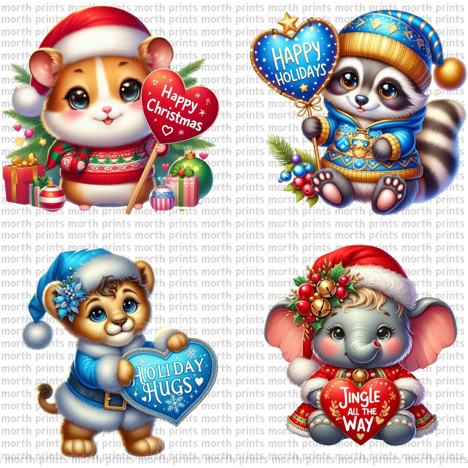 Cute Christmas Animals Clipart PNG, Baby Critters With Hats & Lights ...