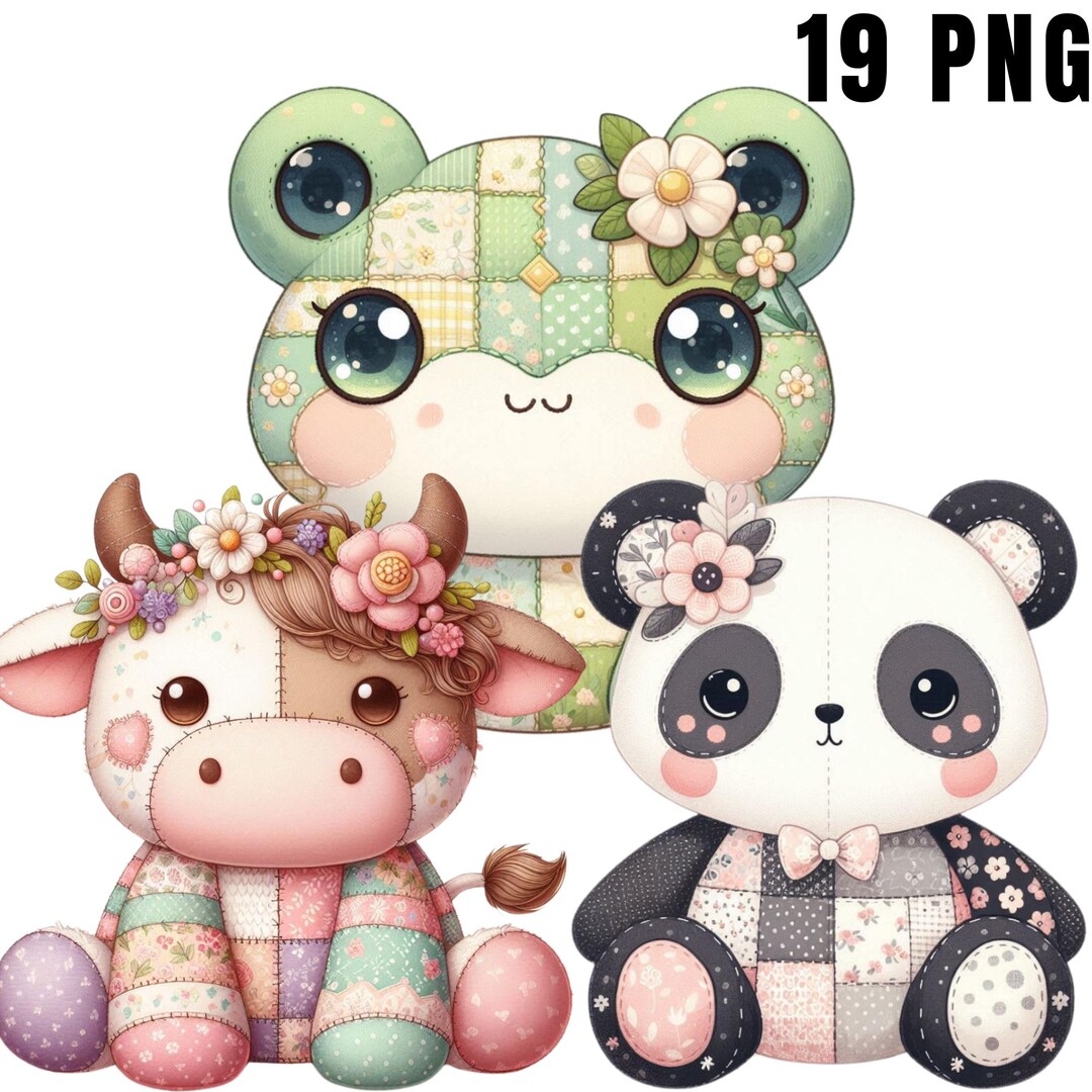 Patchwork Animals Clipart, Quilted Stuffed Animal PNG, Nursery Stickers ...