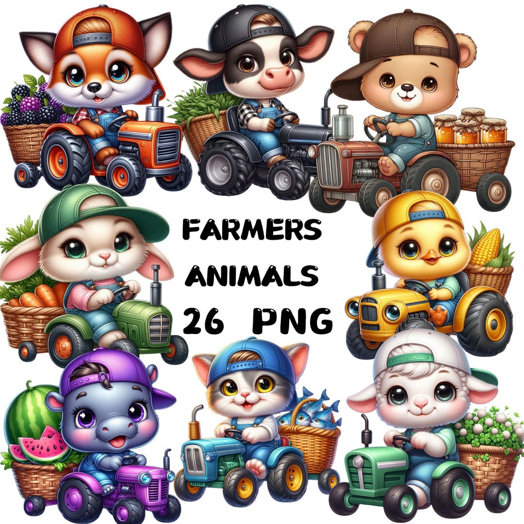 Farm Animals Clipart, Cute Watercolor PNG of Cow Pig Horse Duck for ...