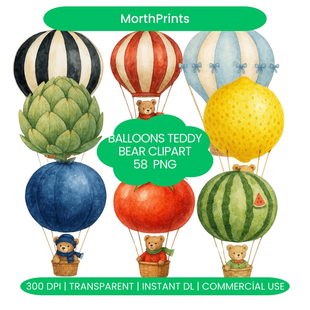 Teddy Bear in Hot Air Balloon Clipart, Watercolor Baby Nursery, Boy ...