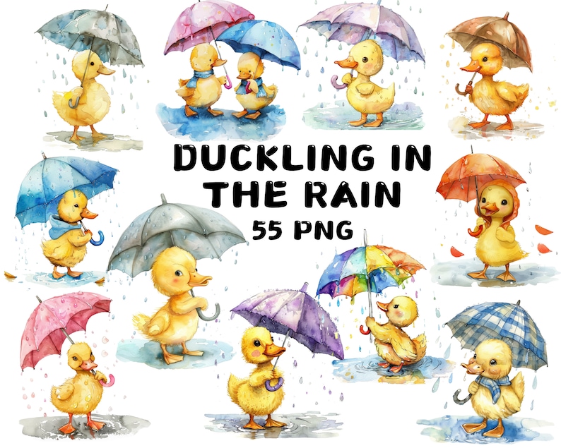 Watercolor Duckling in the Rain Clipart, Cute Ducks & Umbrellas, 55 PNG ...