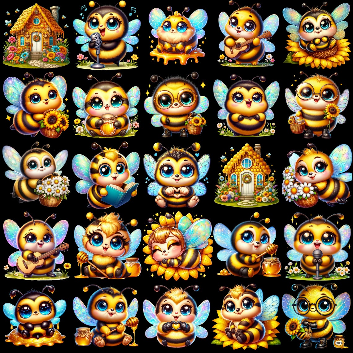 Watercolor Cute Bees Clipart PNG, Honey Bee Bundle, 25 PNG, 300 DPI ...