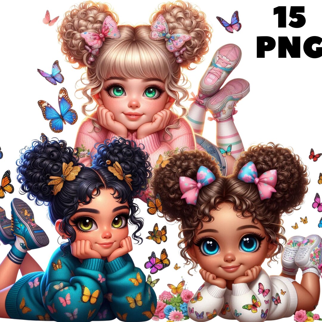 Chibi Afro Girl Clipart Bundle, Cute Black Girl PNG, Denim Aesthetic ...