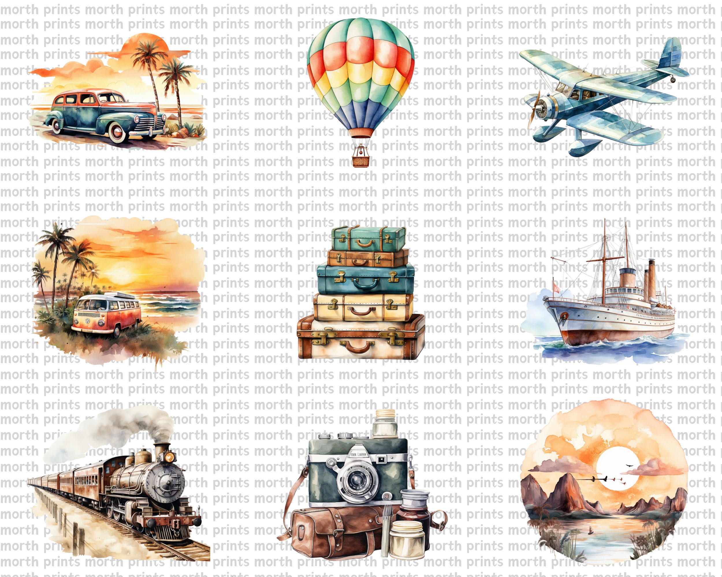 50 Watercolor Vintage Travel Clipart Suitcase, Camera, Summer, Vintage ...