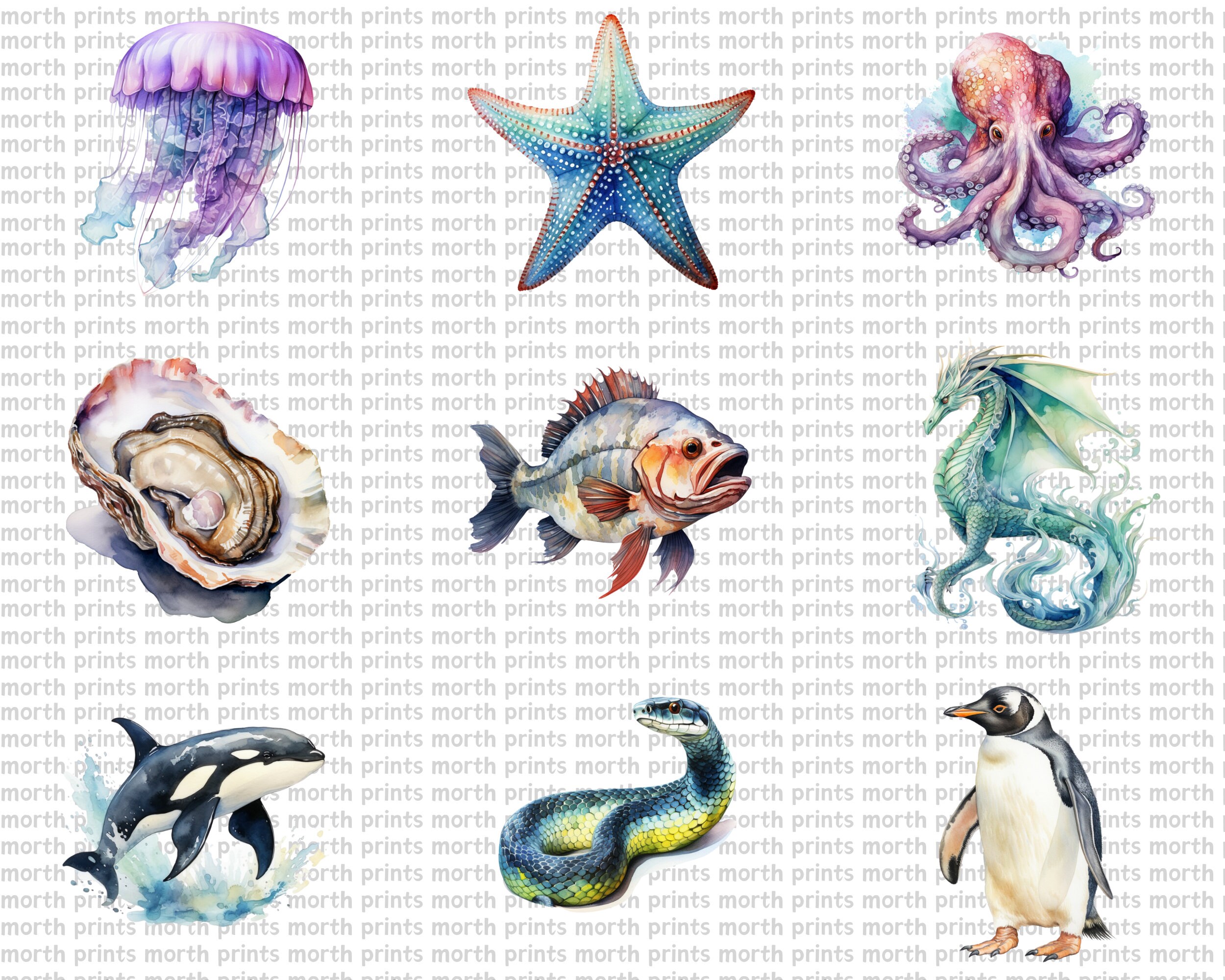 50 Watercolor Sea Life Clipart Octopus, Penguin, Turtle, Clownfish ...