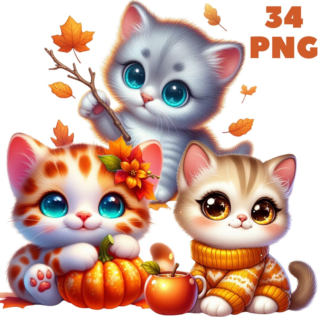 Autumn Cat Clipart PNG, Kittens With Leaves, Pumpkins & Scarves, 34 PNG ...
